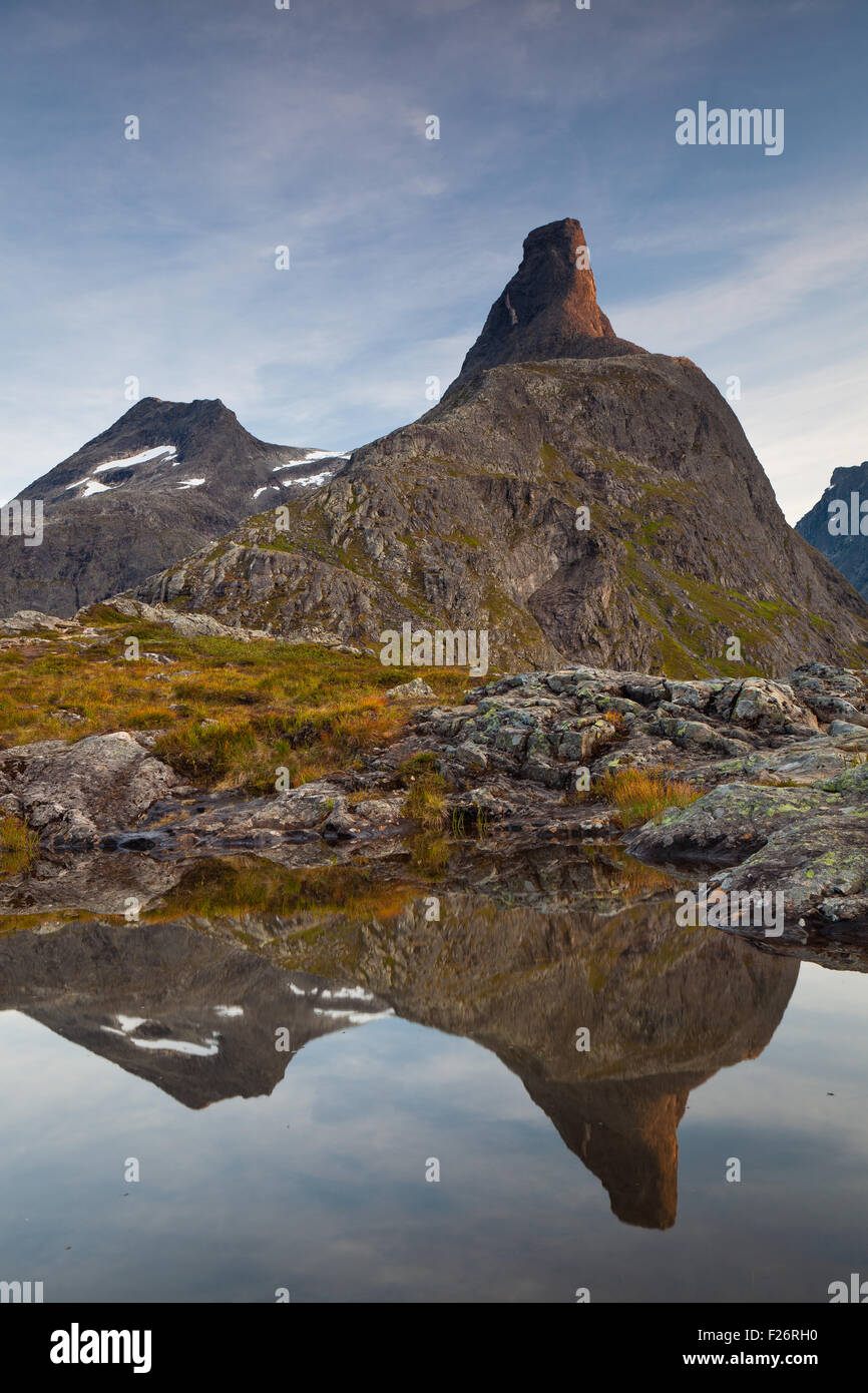 The mountain Romsdalshorn and reflections, in the Romsdalen valley ...