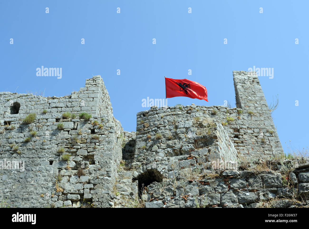The Albanian flag flies above the ruins of Rozafa castle, Kalaja e ...