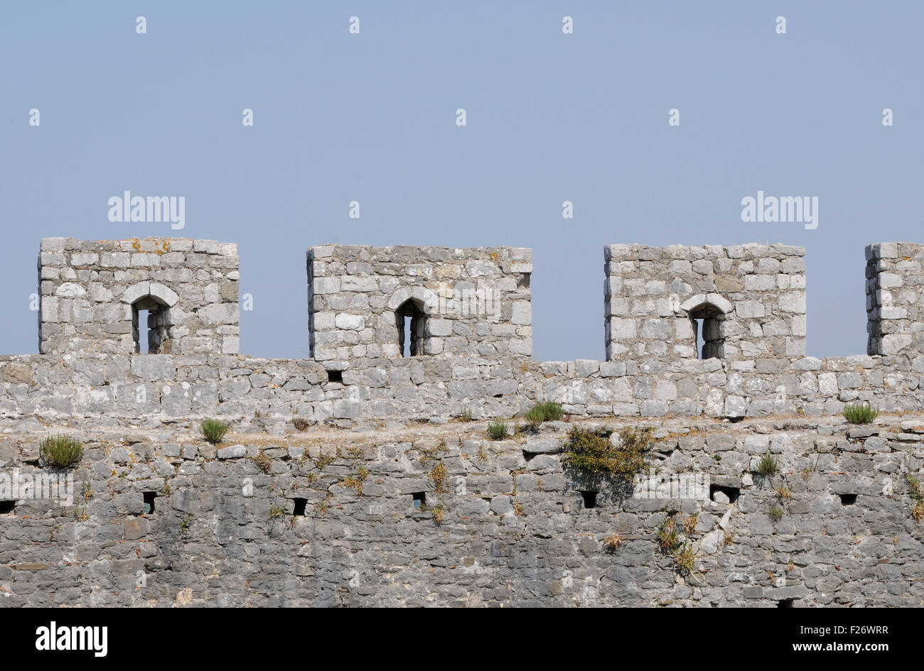 Crenelations on the walls of Rozafa castle, Kalaja e Rozafës. Shkodër ...