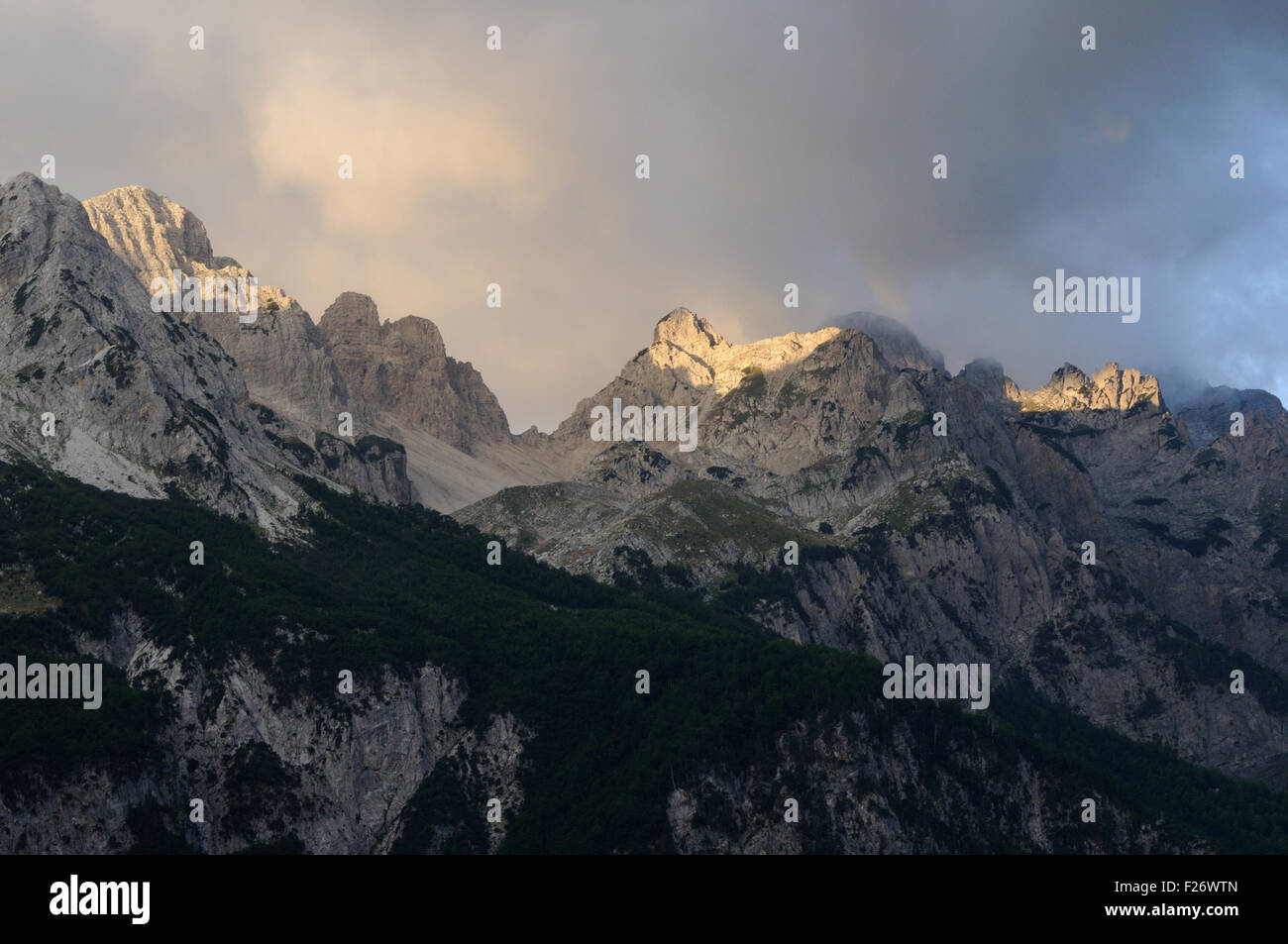 Bare limestone peaks of the Prokletije mountains above the Valbone ...