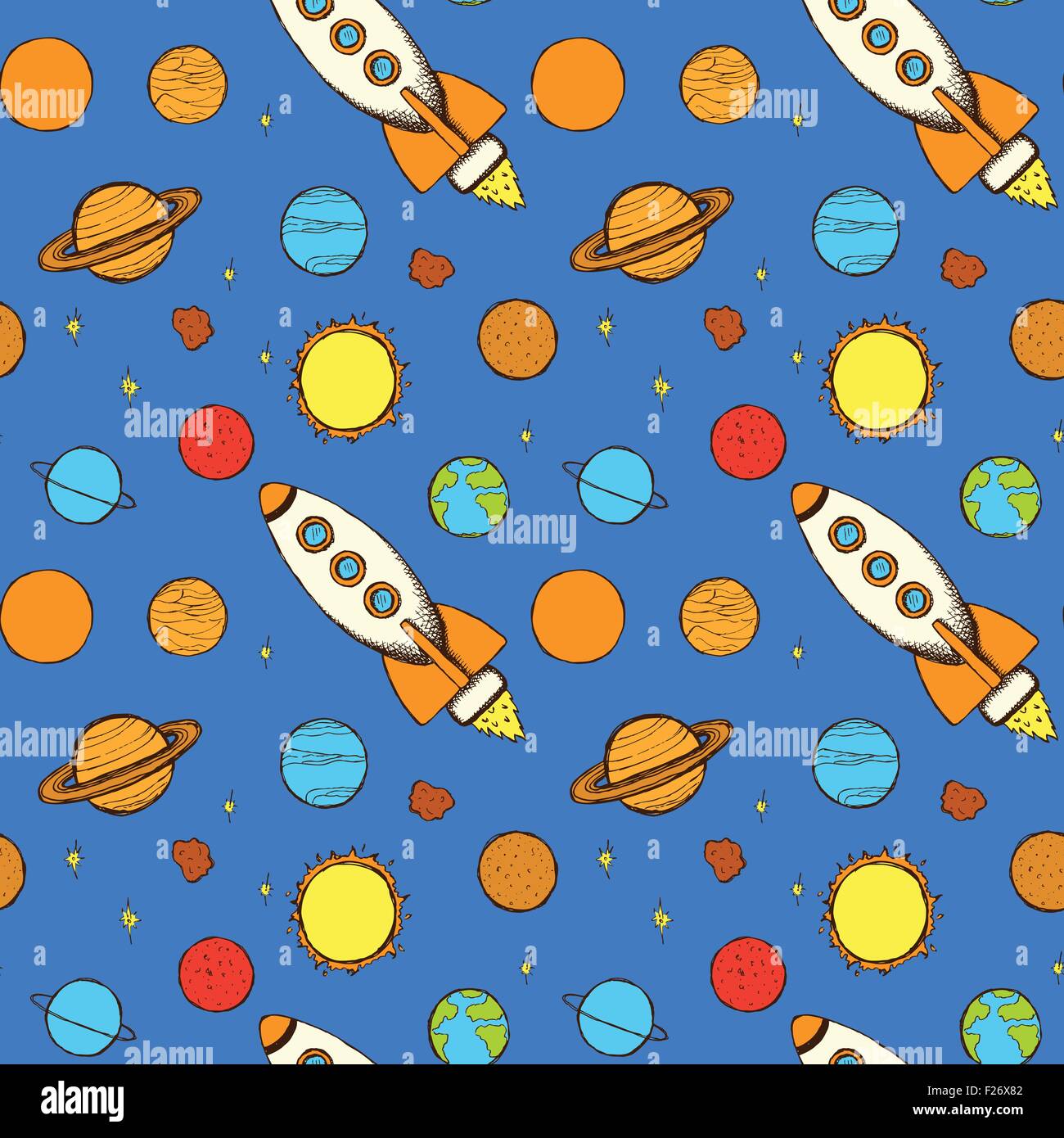 Sketch rocket and planets in vintage style, vector seamless pattern ...