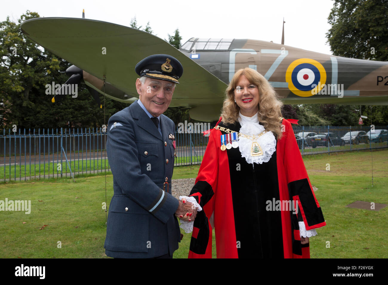 Biggin Hill, UK. 13th September, 2015. Air Commodore John Bell shakes ...