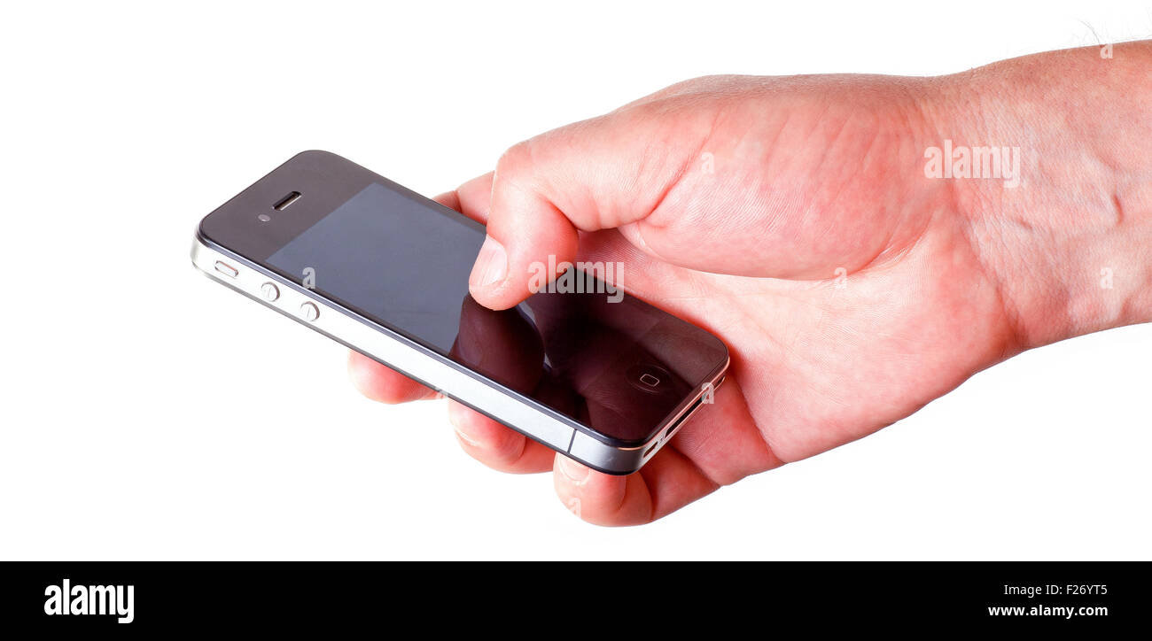 Hand holding a smart phone isolated on a white background Stock Photo ...