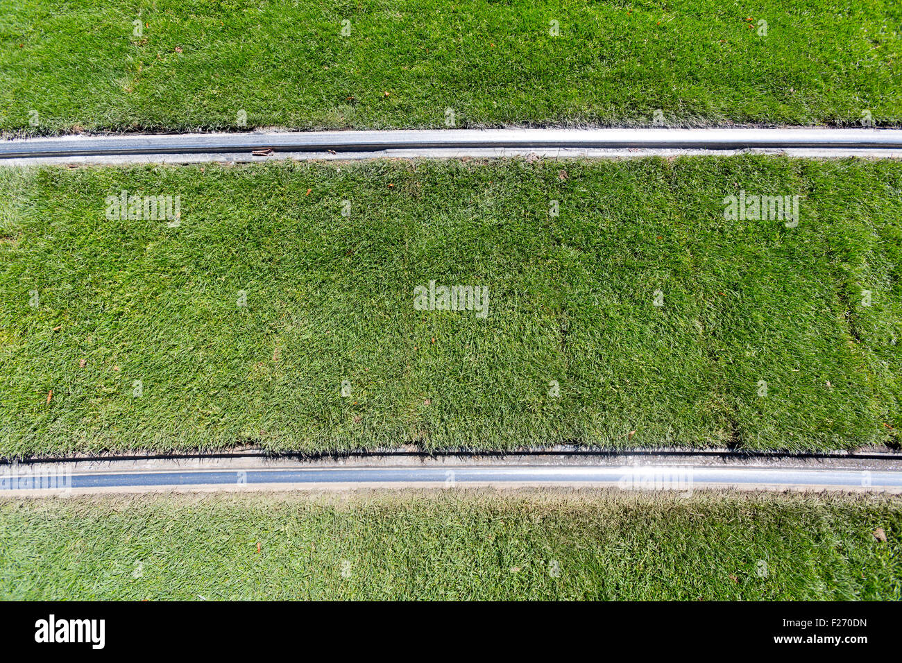 Environment friendly street car tram rails on grass Stock Photo - Alamy