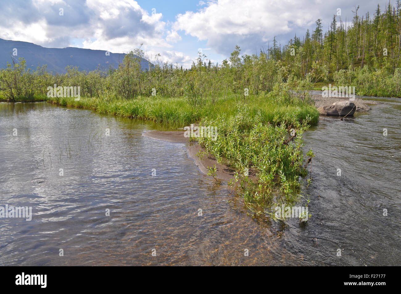 River in mountain taiga. Water landscape, Putorana plateau, Siberia ...