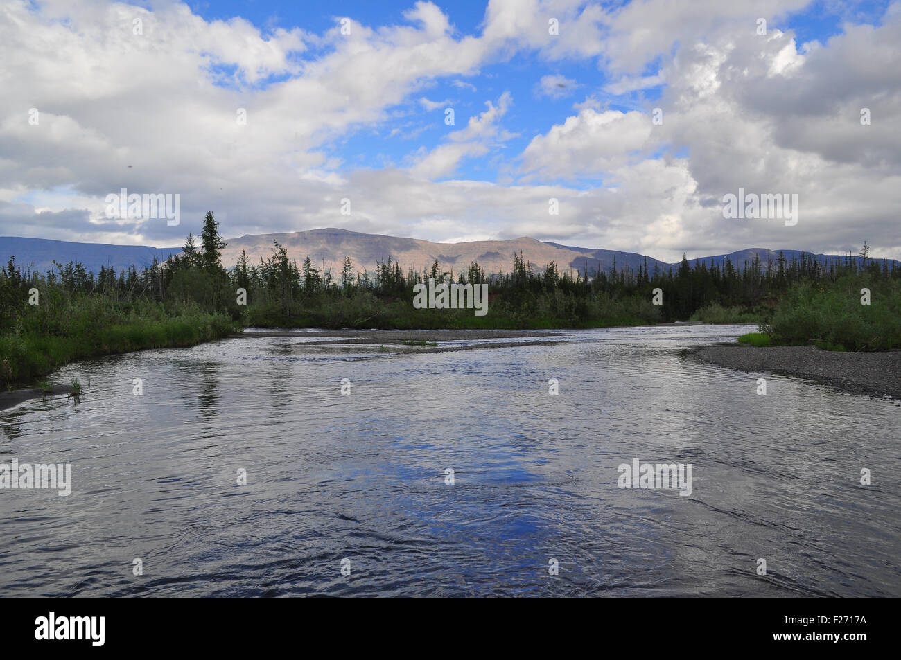River in mountain taiga. Water landscape, Putorana plateau, Siberia ...
