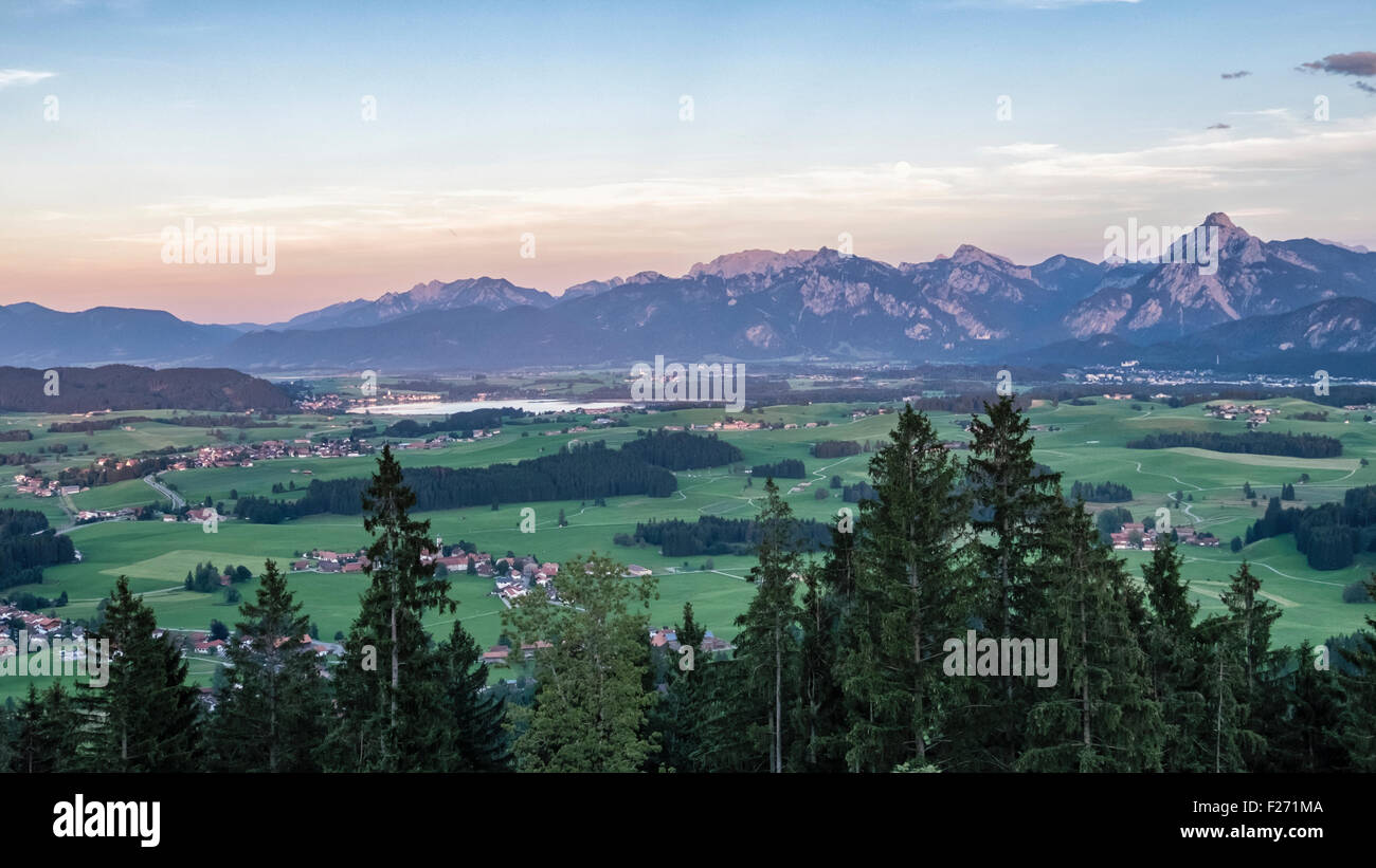 Scenic landscape View across valley with farms, villages and lake ...
