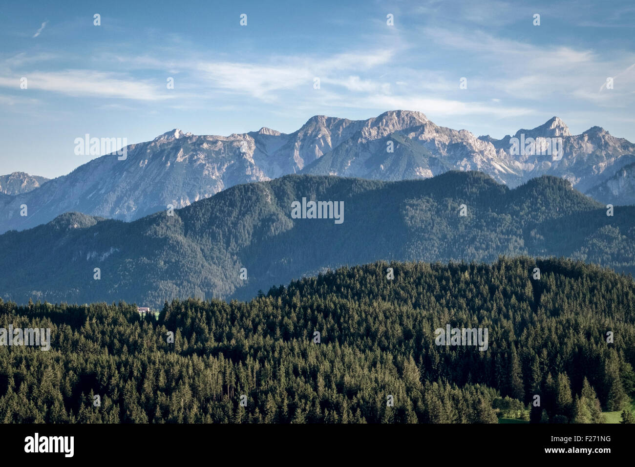 Bavarian Alps, landscape view of trees mountains and sky, Eastern ...