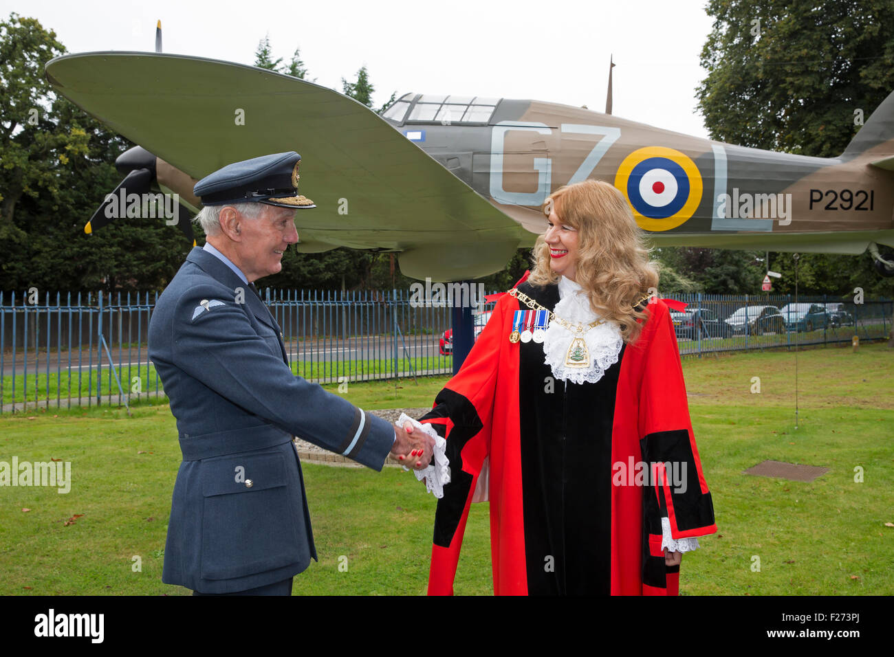 Biggin Hill, UK. 13th September, 2015. Air Commodore John Bell shakes ...