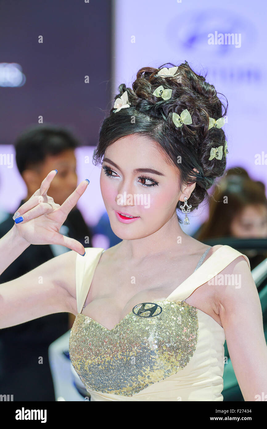Bangkok, Thailand - April 4, 2015: Hyundai booth presenter demonstrated ...