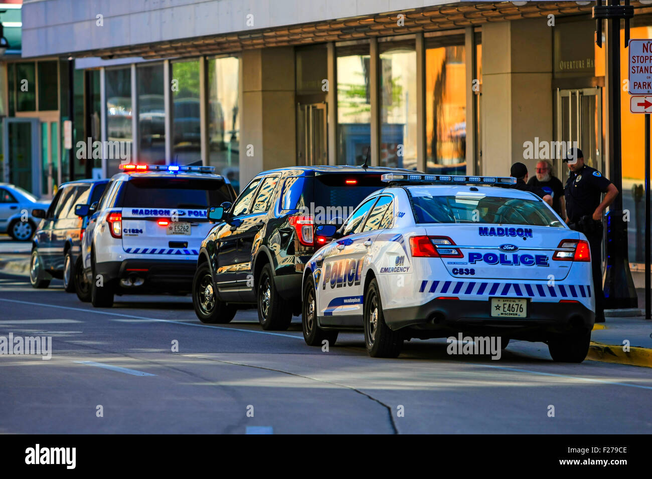 Multiple police cars outside a building having chased down a suspect in ...