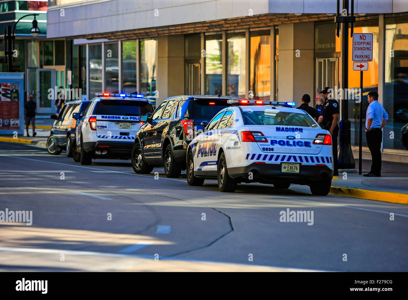 Multiple police cars outside a building having chased down a suspect in ...