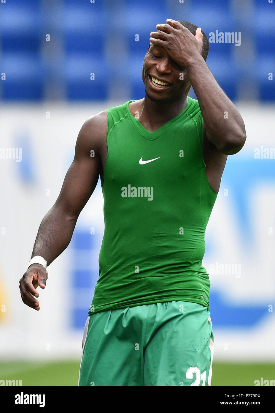 Sinsheim, Germany. 13th Sep, 2015. Bremen's Anthony Ujah makes gestures ...