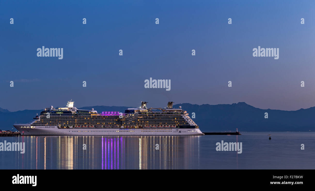 Luxury cruise ship Celebrity Solstice in Port of Victoria at dusk ...