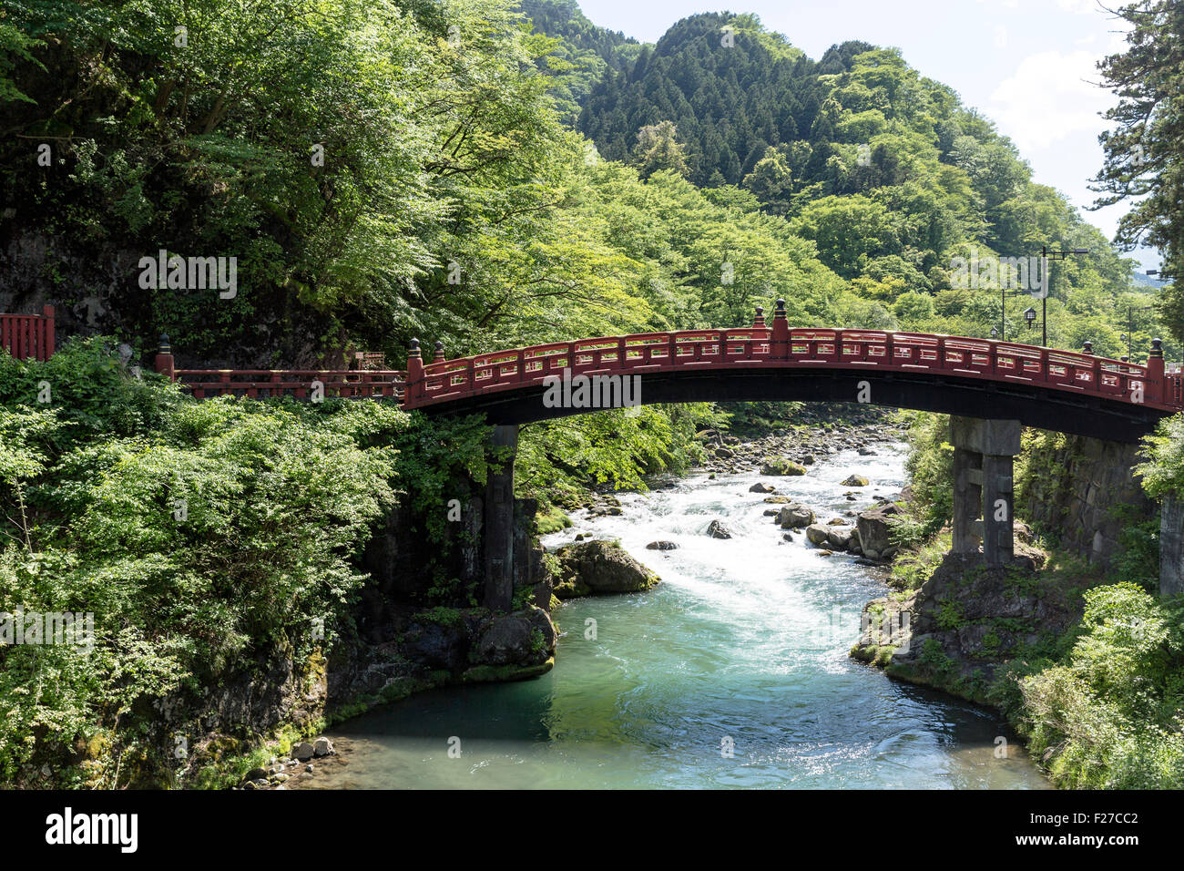 The Red Bridge, Nikko, Japan. The Shinkyo Bridge stands at the entrance ...