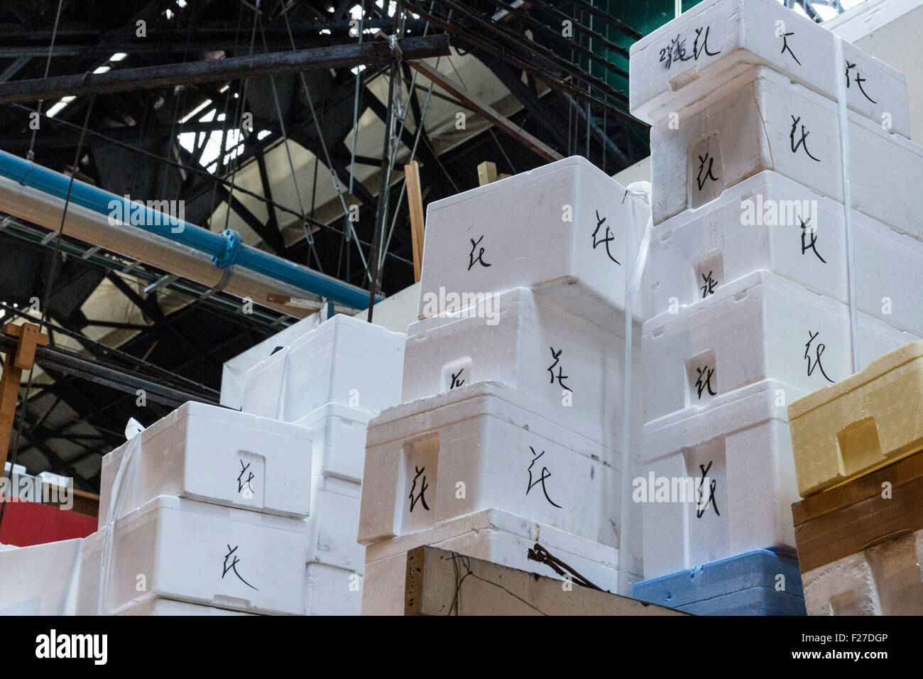 Empty fish boxes, Tsukiji Market, Tokyo, Japan. Tsukiji Market is one ...