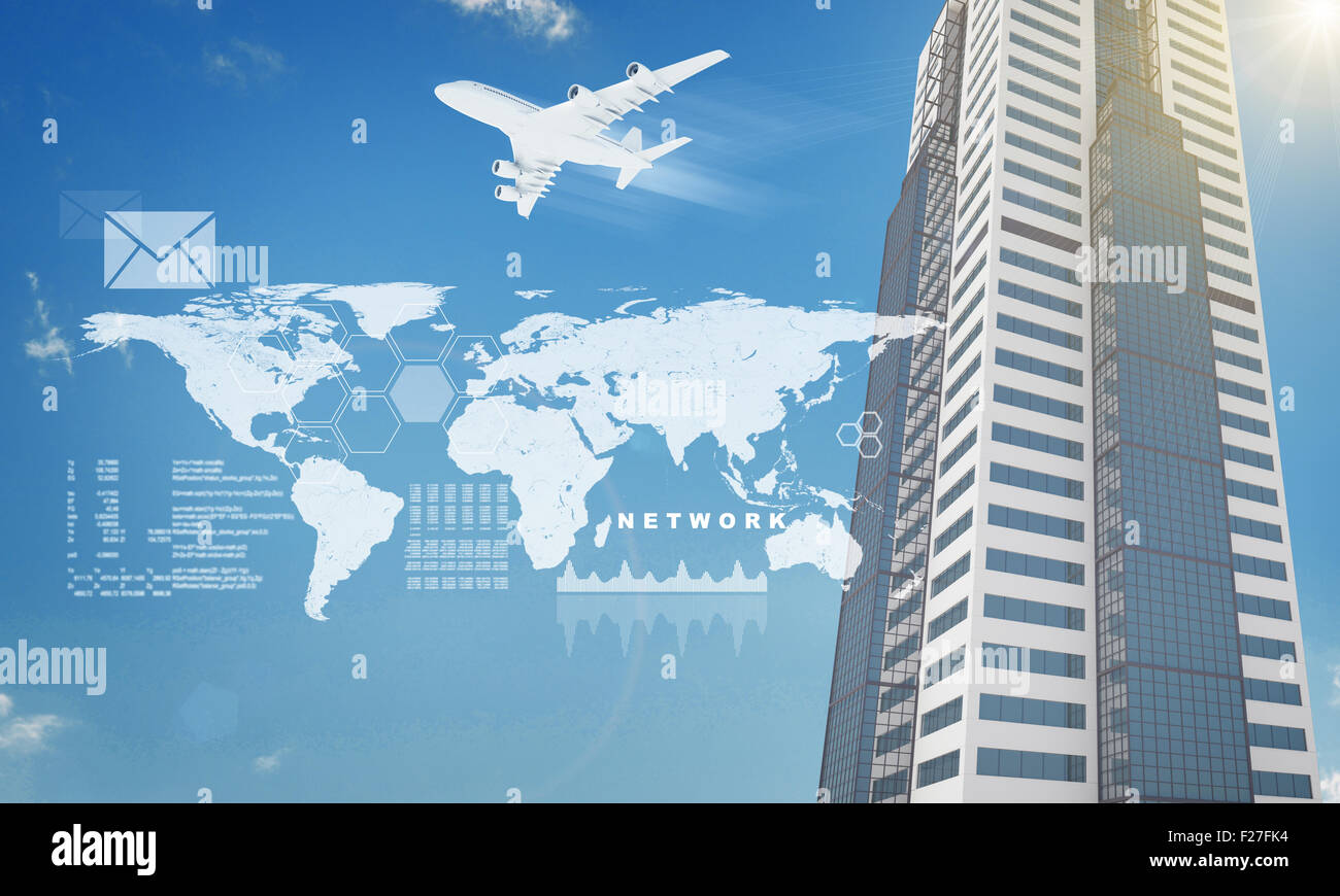 World map with building and icons Stock Photo - Alamy