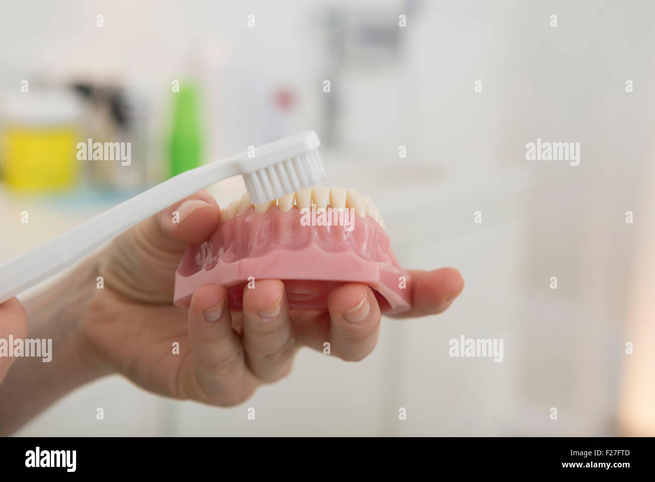 Dentist hand holding a model of teeth and showing how to clean the ...
