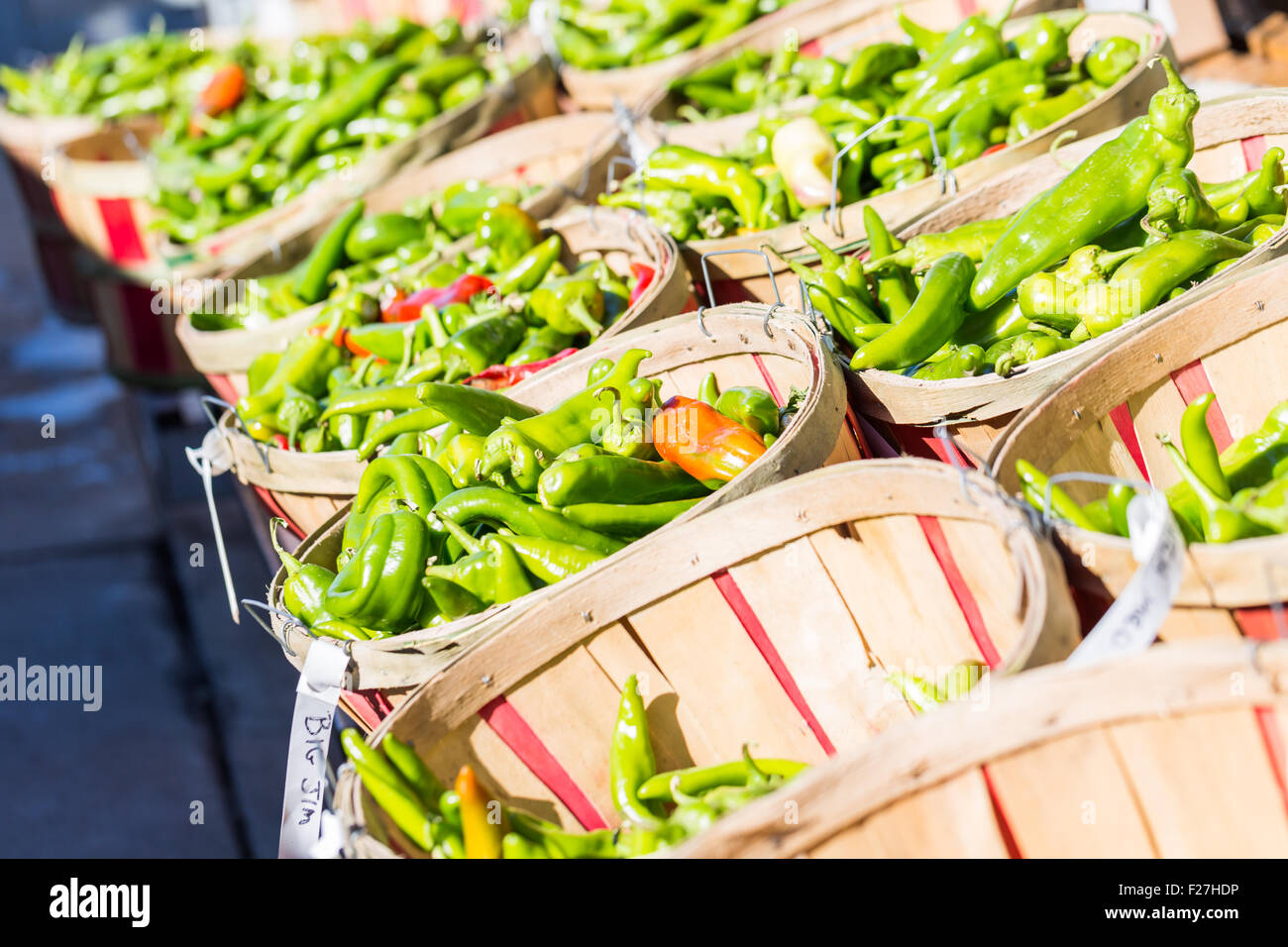 Green chili peppers in baskets at the local Farmers Market Stock Photo ...