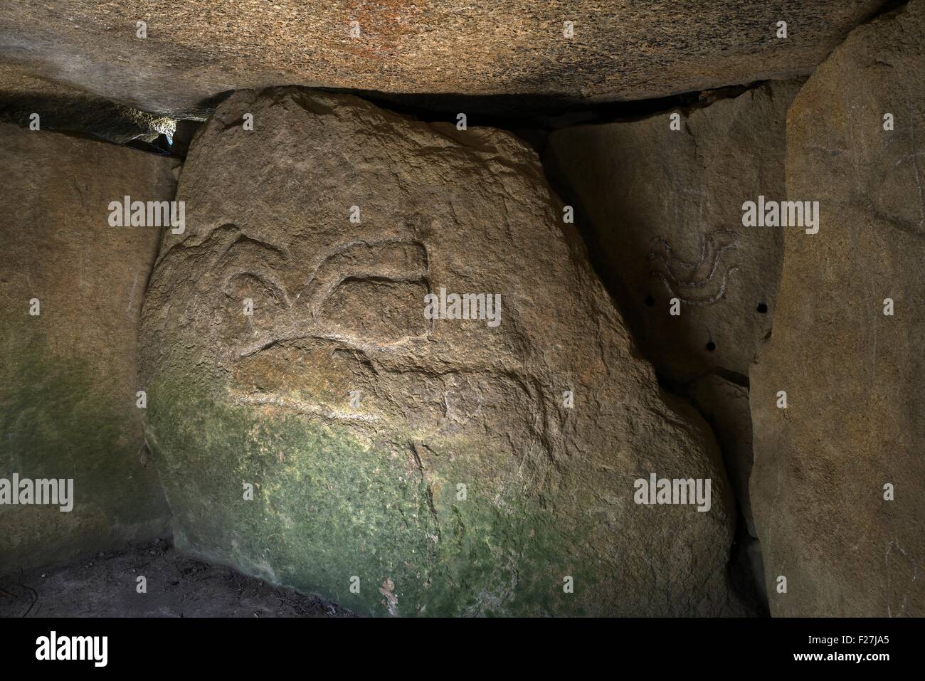 Mane Lud Neolithic dolmen chambered cairn. Locmariaquer, Brittany ...