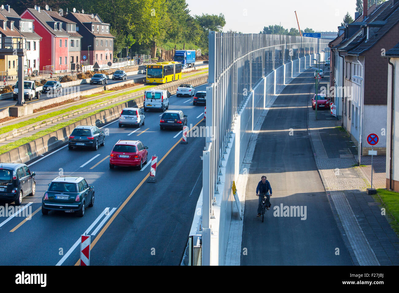 High noise barrier along A40 Autobahn, motorway, in Essen Germany ...