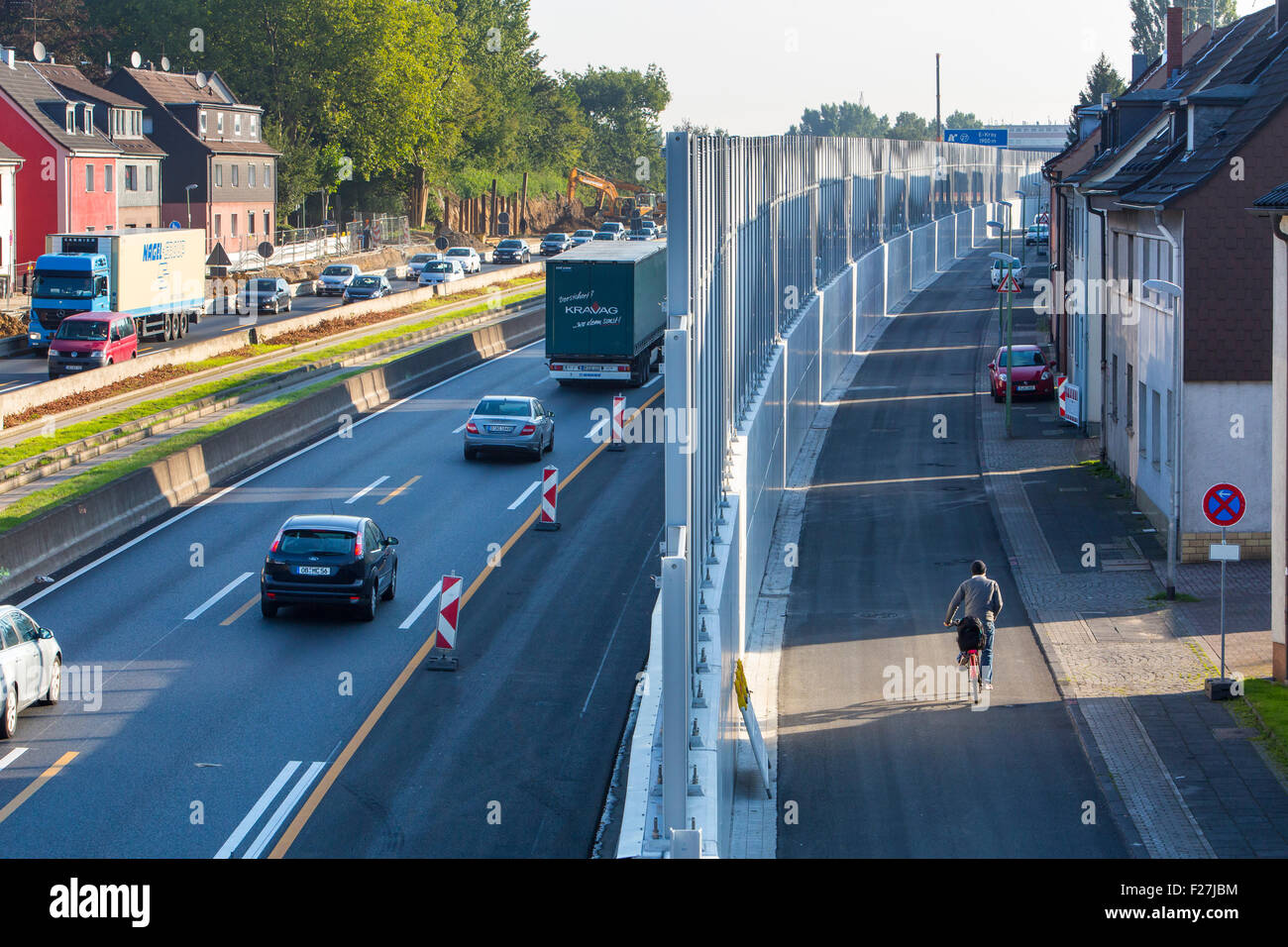 High noise barrier along A40 Autobahn, motorway, in Essen Germany ...