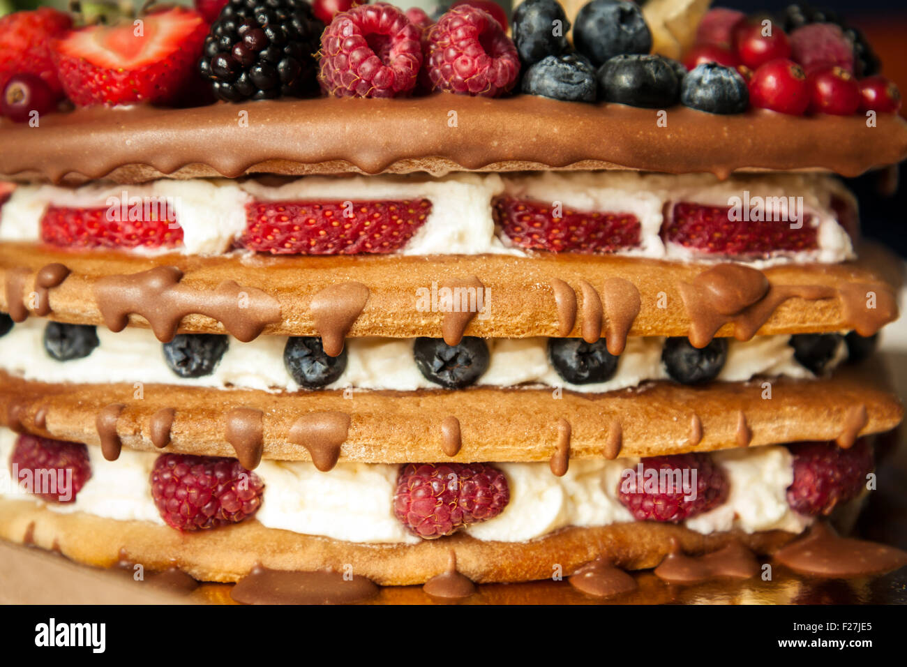 Chocolate topped sponge layer cake with berries Stock Photo - Alamy