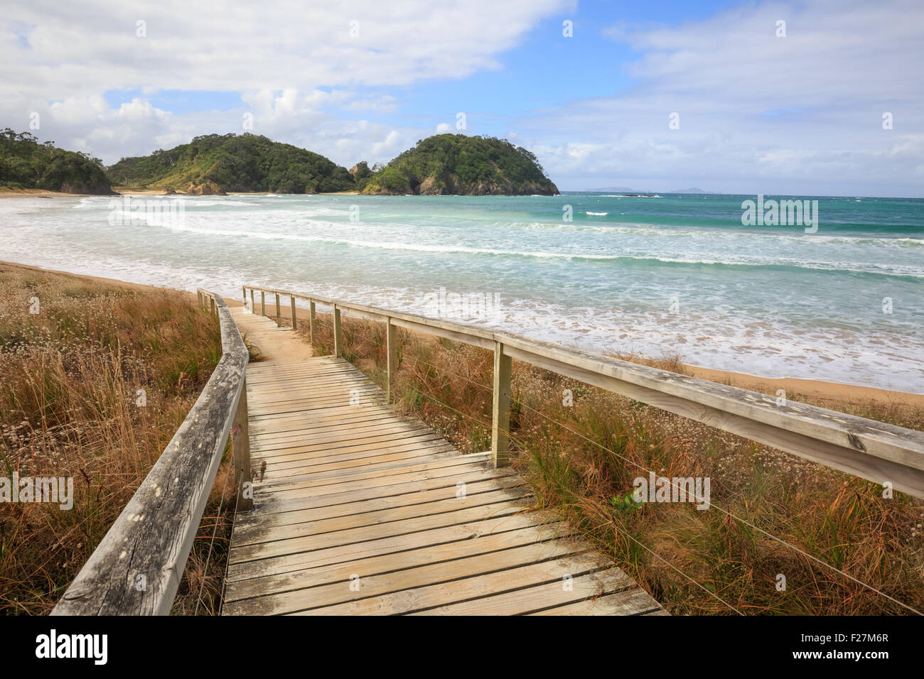 A wooden runway to a beautiful beach in Matapouri bay in New Zealand ...