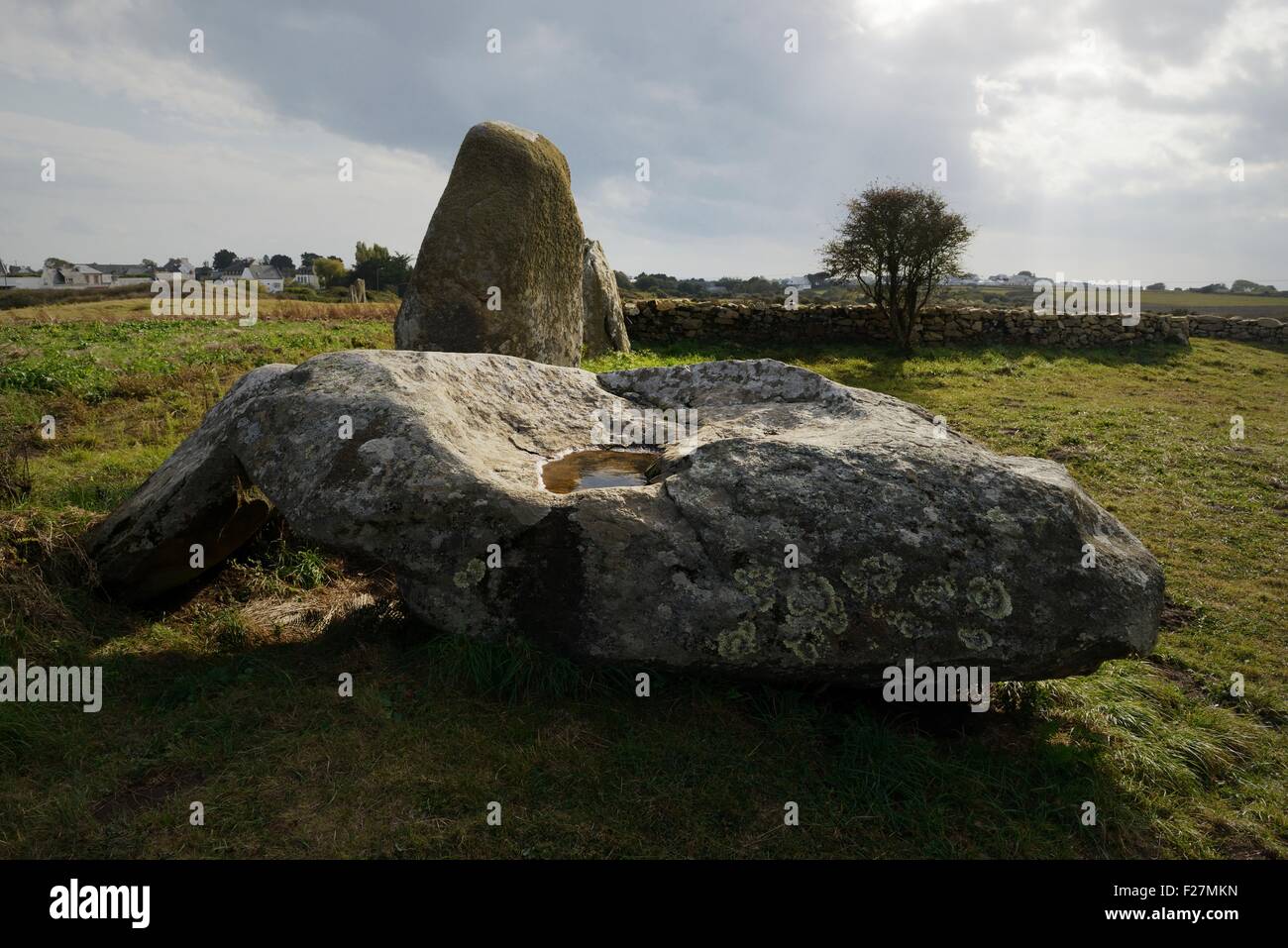 The three massive prehistoric standing stones, one now fallen, of the ...