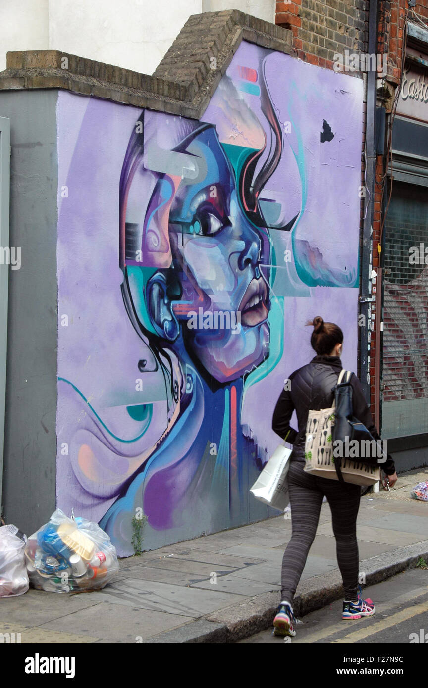 London, UK, 13 September 2015, Graffiti attracks attention. Brick Lane ...