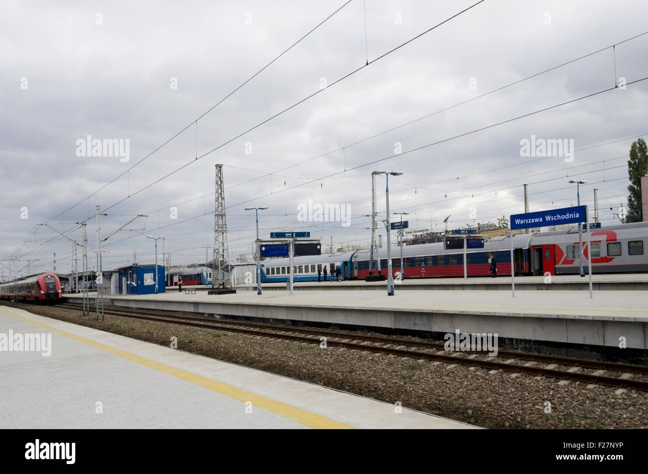 Intercity trains with sleeping wagon at Warsaw East Railway Platform ...