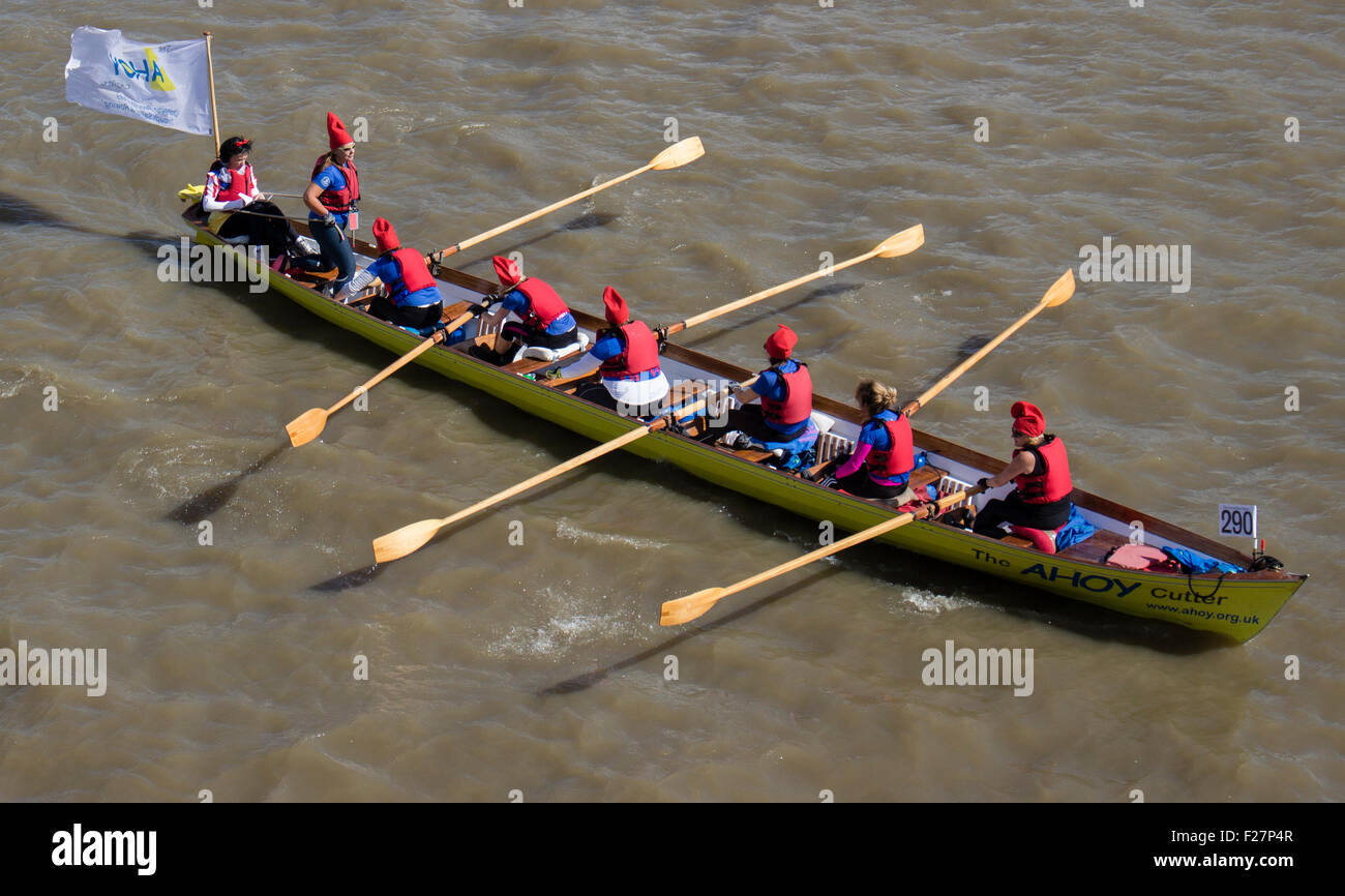 the rowing competitors in the Great River Race, 2015, passing under ...