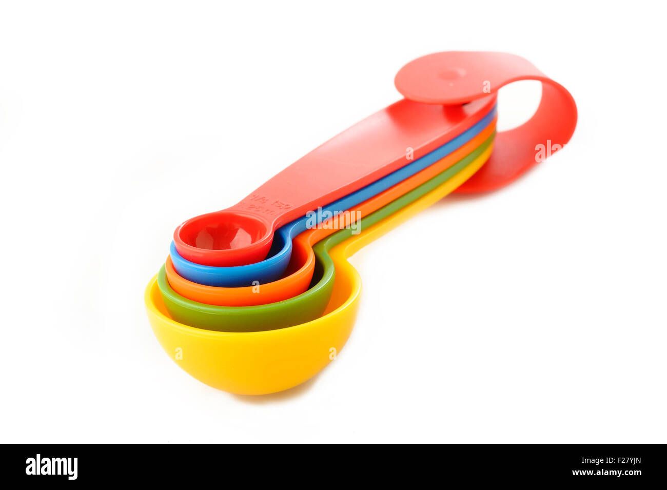 colorful plastic measuring spoon on white background Stock Photo - Alamy