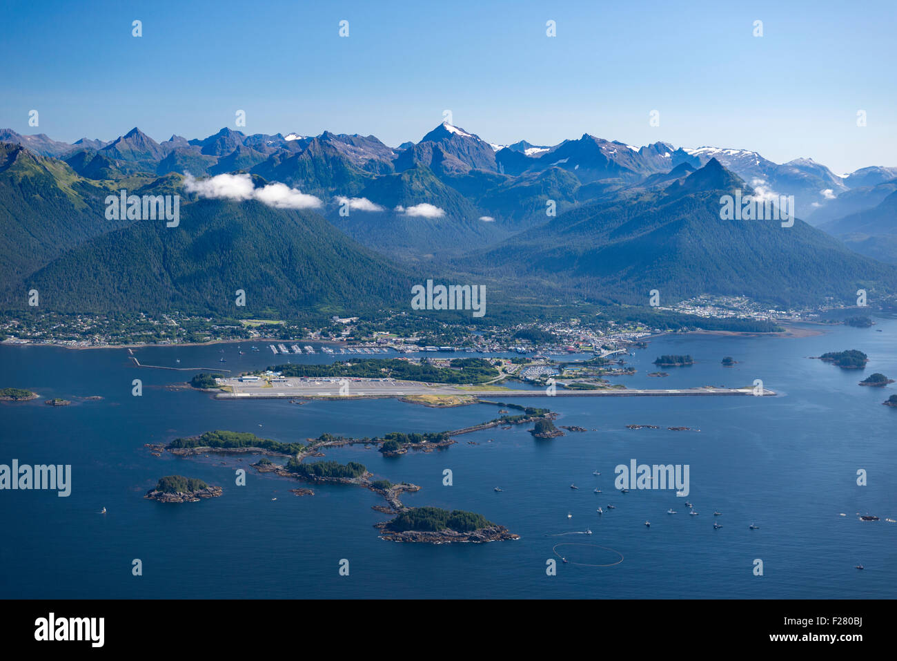 Aerial view of Baranof Island, including the city of Sitka, in ...