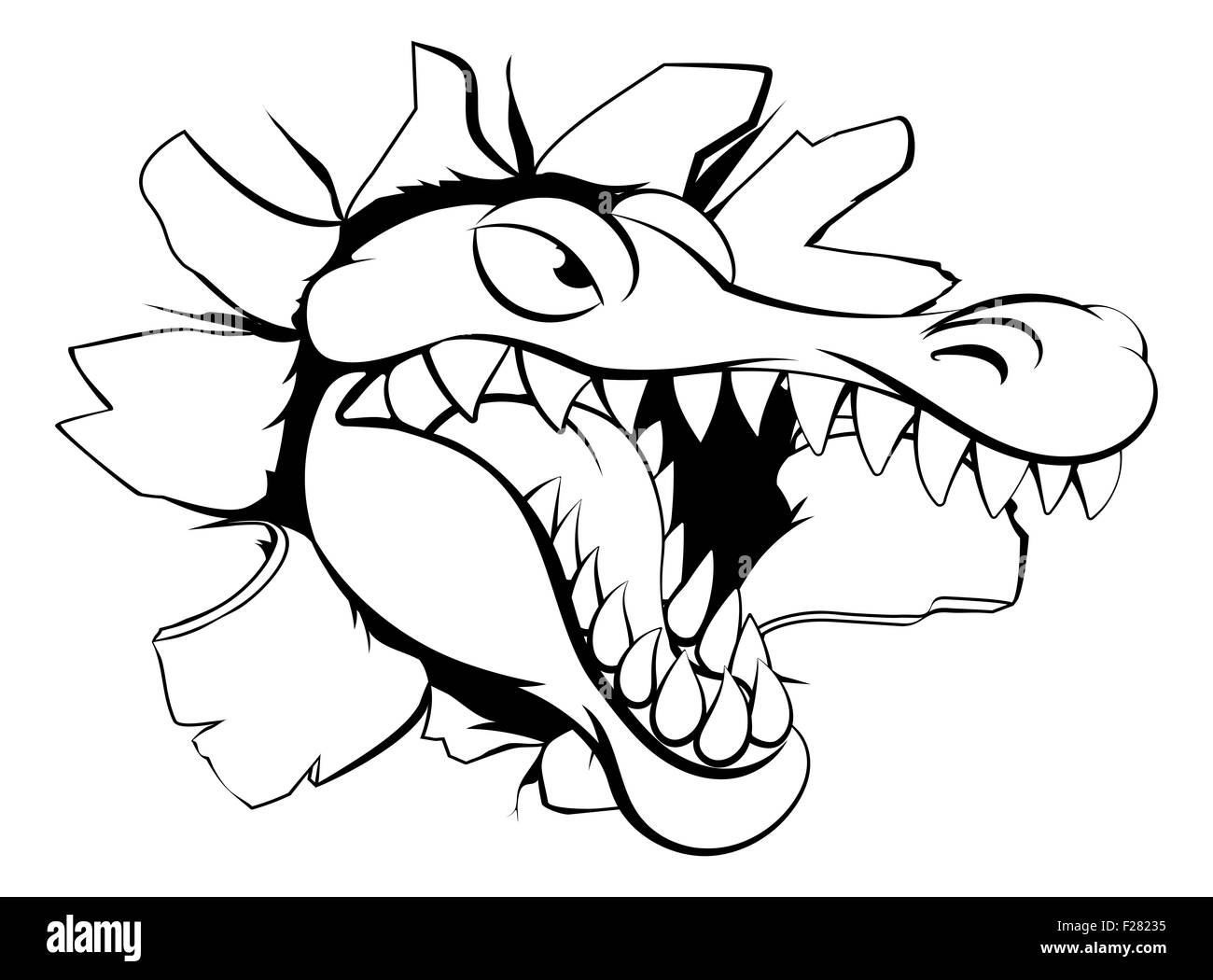 A cartoon crocodile or alligator mascot head smashing through a wall ...