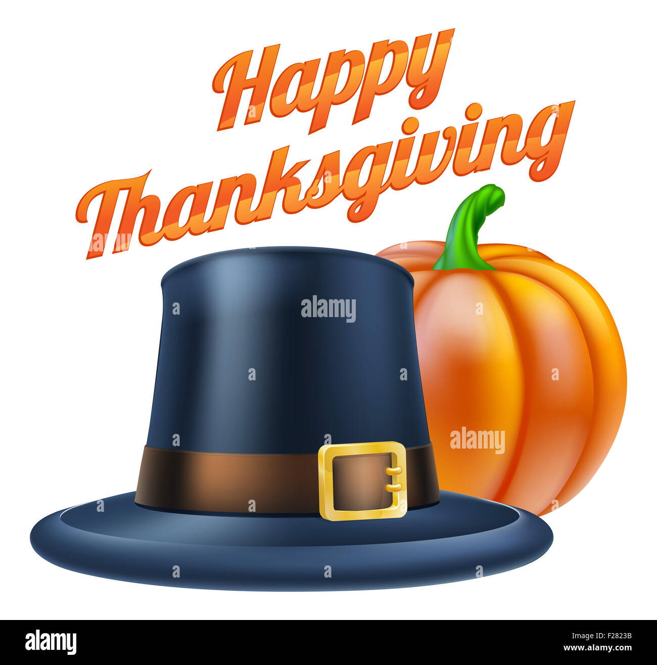 Thanksgiving pumpkin and pilgrims hat with the message Happy Thanksgiving Stock Photo - Alamy