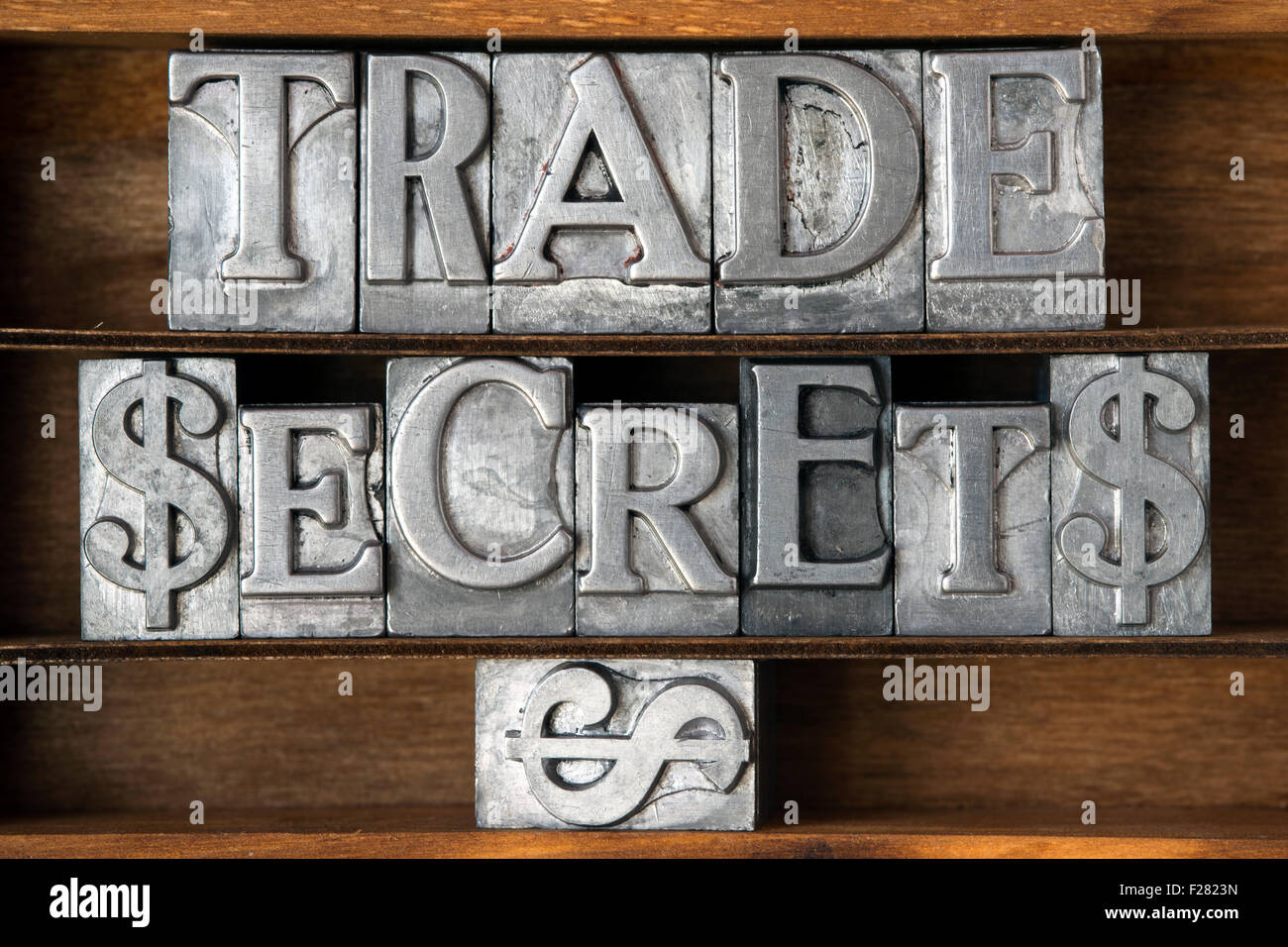 trade secrets phrase with dollar sign made from metallic letterpress ...