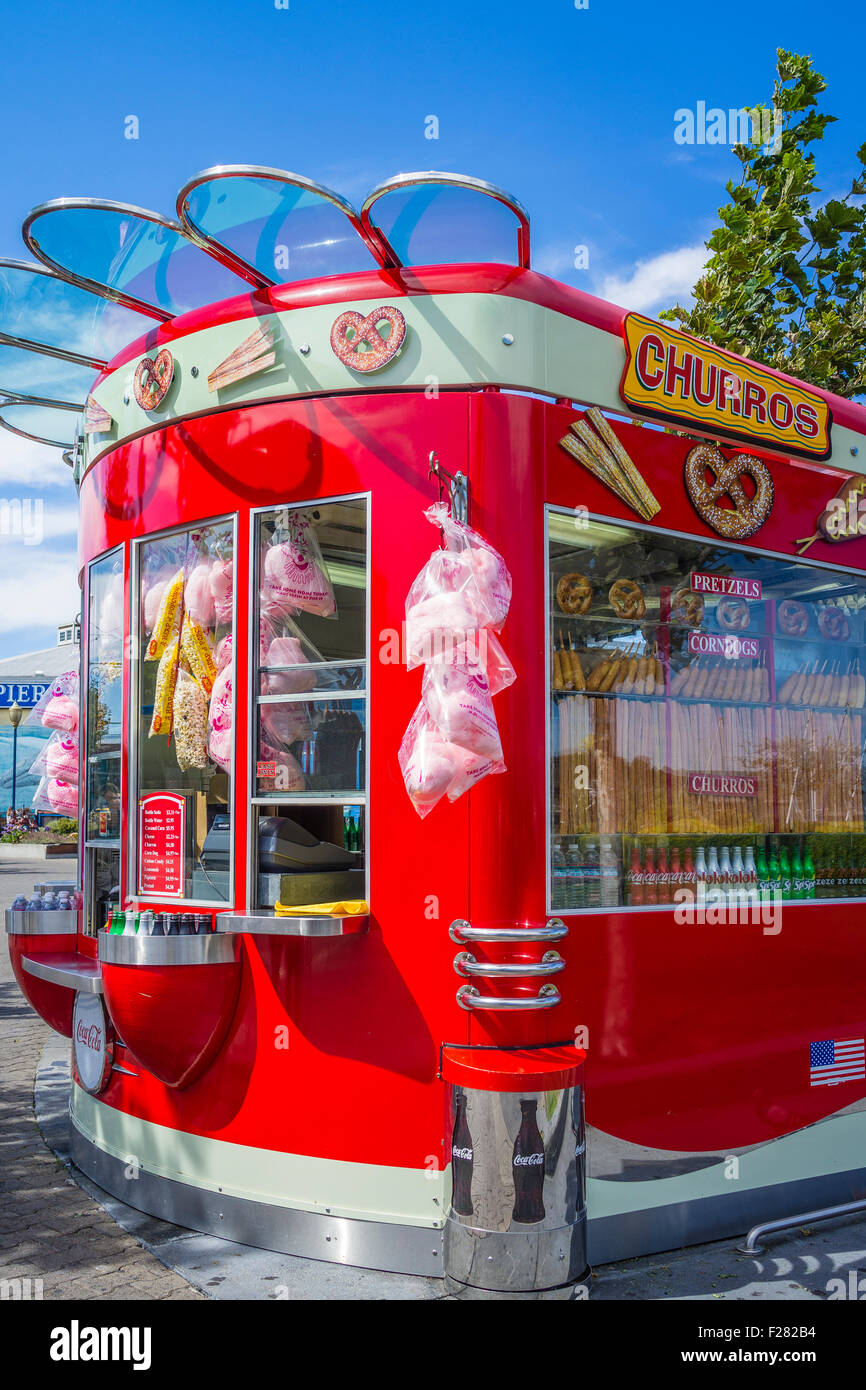 Exterior front of a 1950's style shiny red snack shack on the ...