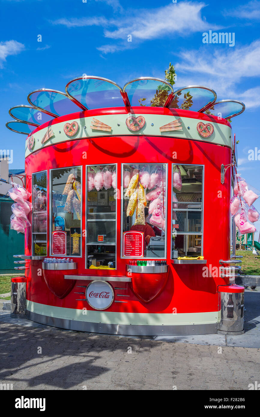 Exterior front of a 1950's style shiny red snack shack on the ...