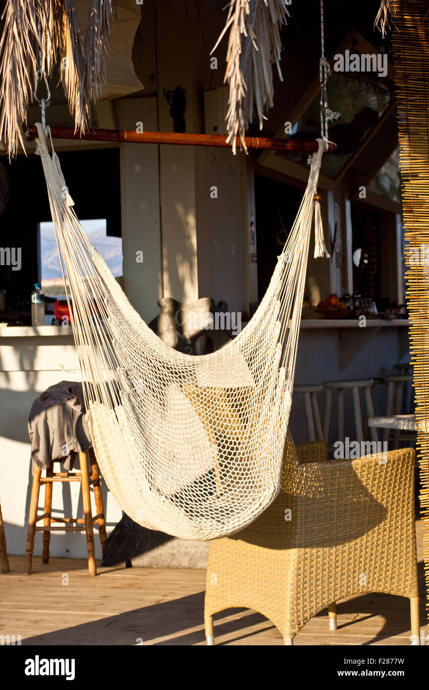 Hammock in the Outdoor restaurant next to the sea, Kefalonia Stock ...
