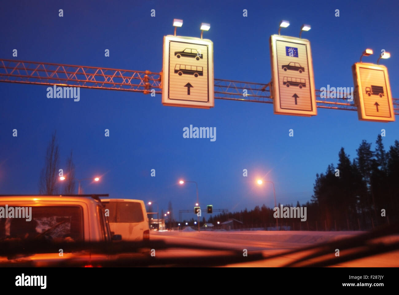 at the border crossing point of European Union, night Stock Photo - Alamy
