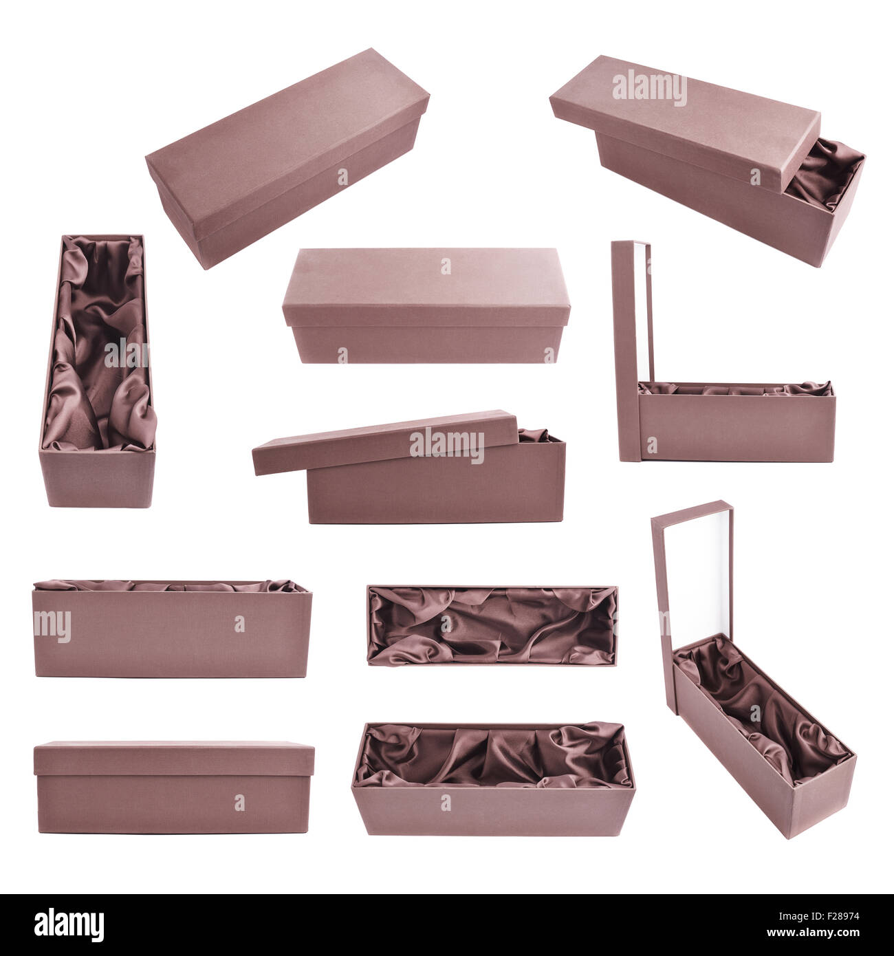 Set of multiple brown tall gift boxes with the velvet cloth inside ...