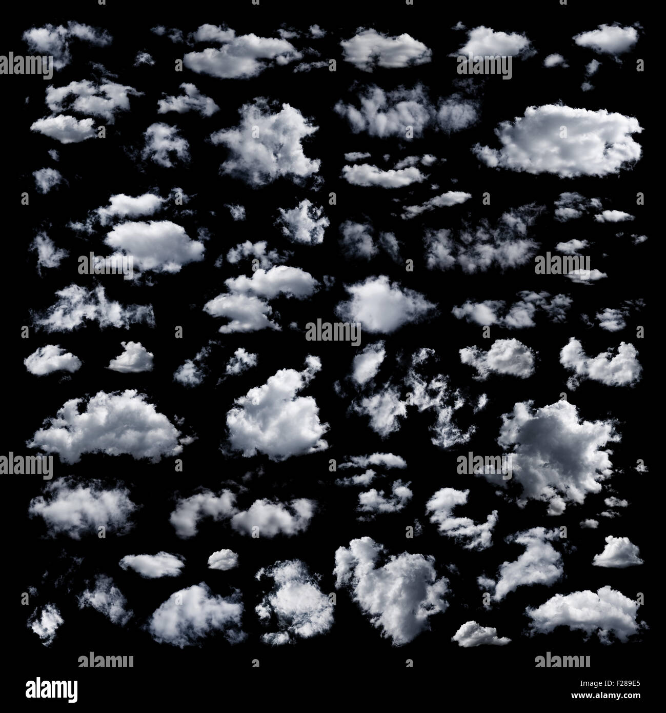 Set of multiple clouds and cloud formations isolated against the black ...