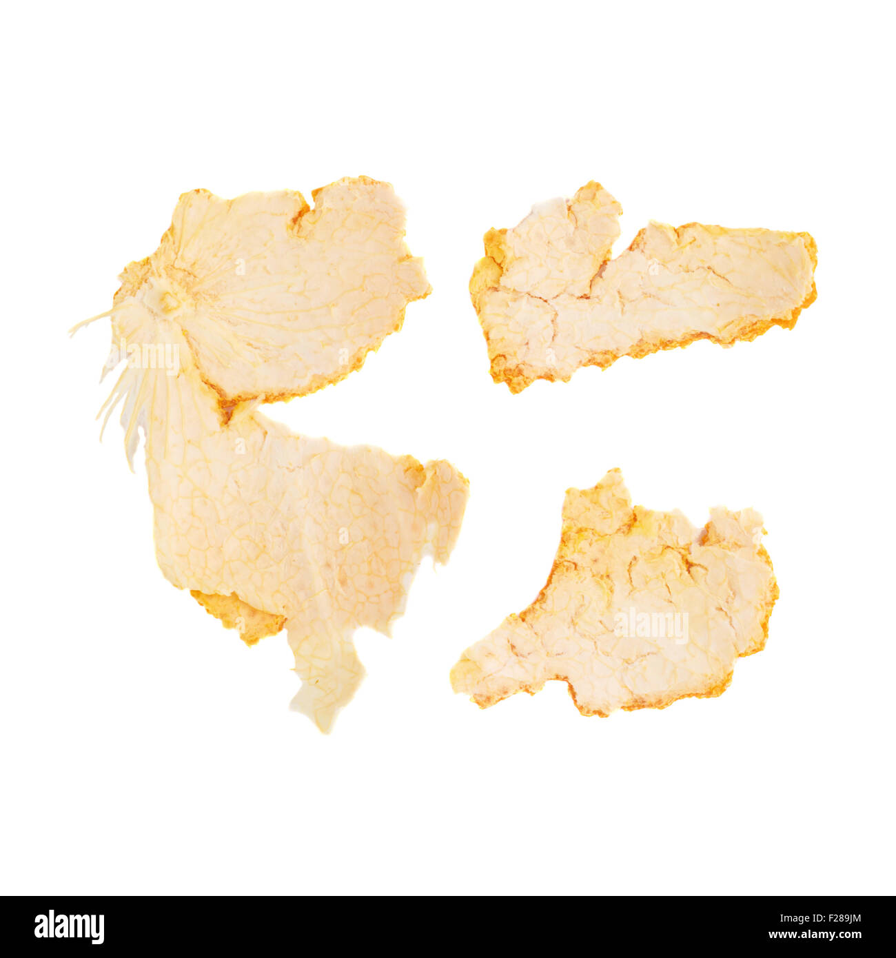 Different parts of tangerine peel isolated on white background, top ...