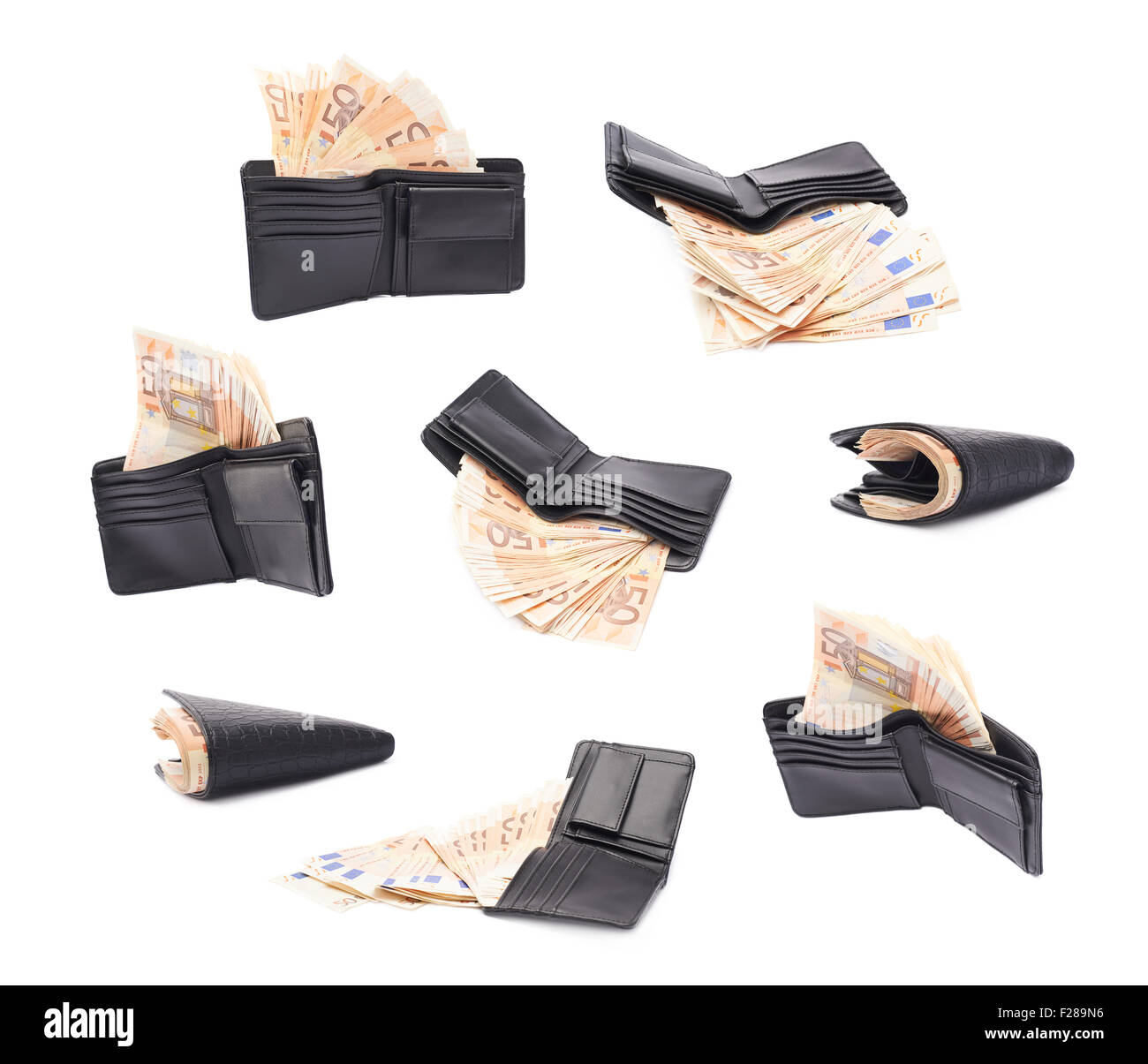 Black leather wallet full of fifty euro bank notes isolated over the ...