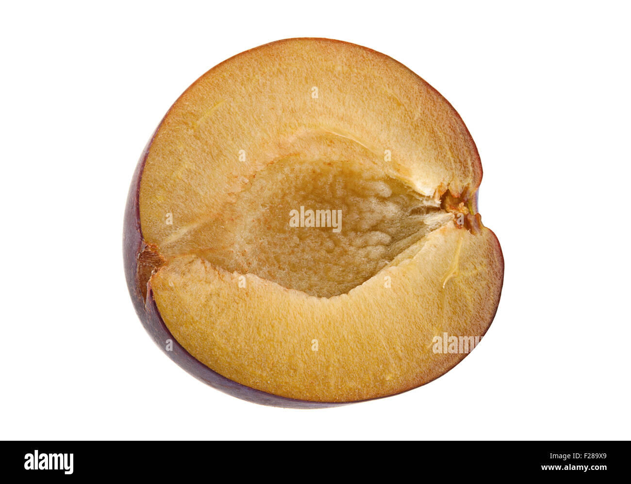 Plum fruit slice closeup isolated on white Stock Photo - Alamy