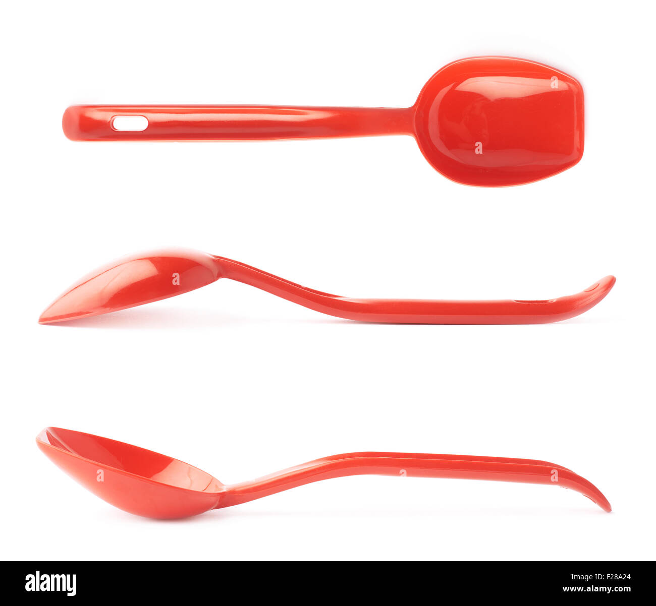 Red glossy plastic kitchen cooking scoop isolated over the white ...