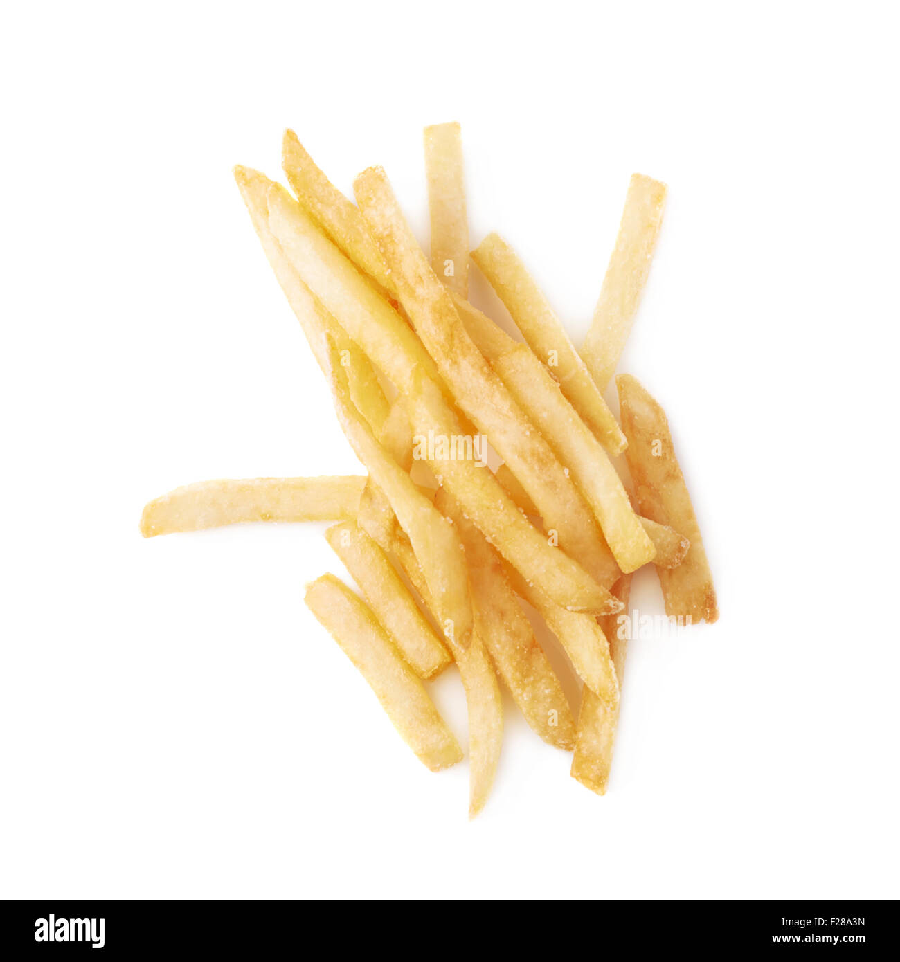 Pile of cooked golden yellow french fries potatoes isolated over the ...