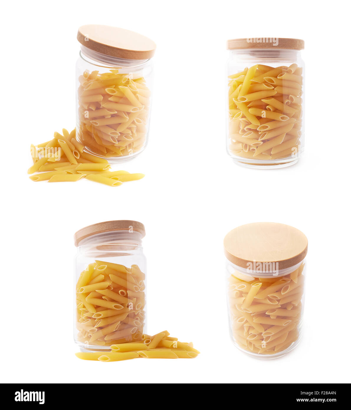 Glass jar filled with dry yellow penne pasta isolated over the white ...