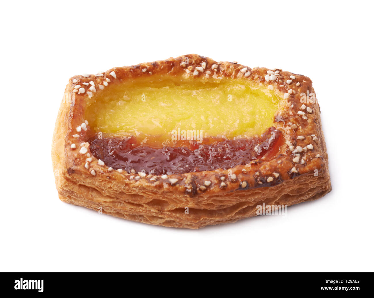 Sweet bread bun pastry filled and covered with the red and yellow cream ...